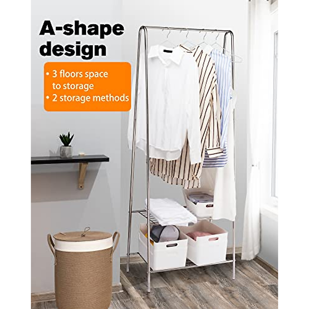 susunnus Small Clothes Rack with Shelves Stainless Steel Narrow Garment Rack for Hanging Clothes Hanger Rack Small Clothing Rack for Bedroom,Entrance Hall, Minimalist H 65.35in