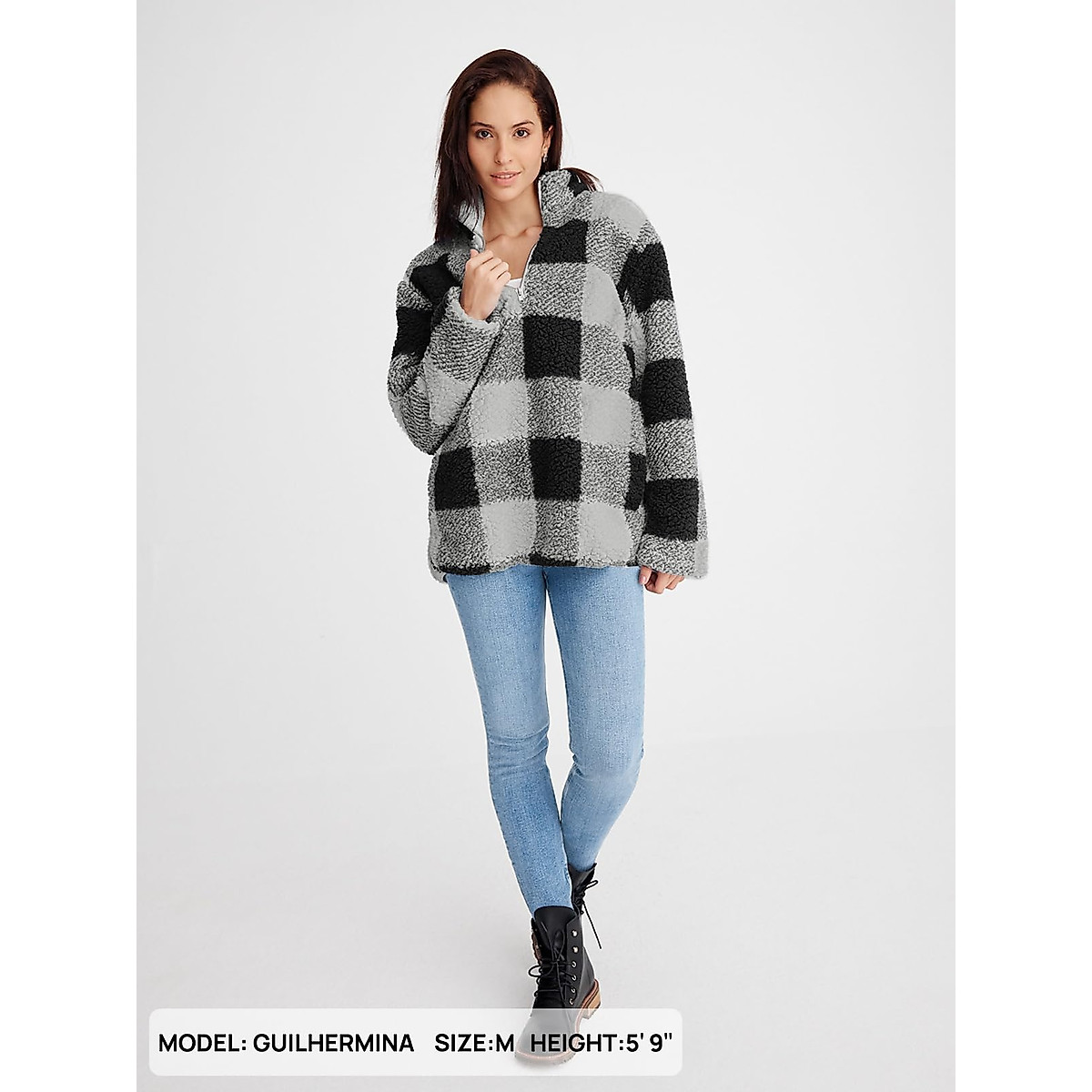 MEROKEETY Women's Plaid Sherpa Fleece Zip Sweatshirt Long Sleeve Pullover Jacket, Black, M