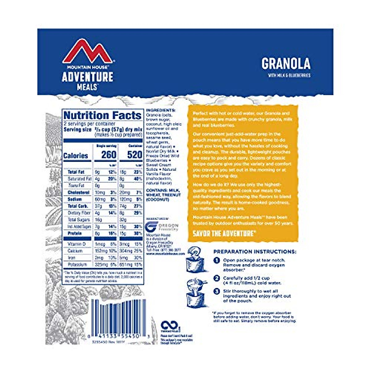 Mountain House Granola with Milk & Blueberries | Freeze Dried Backpacking & Camping Food | 2 Servings