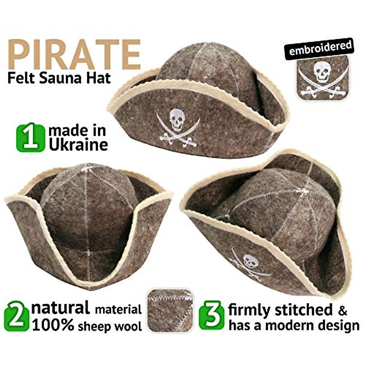 PetriStor Sauna Hat Pirate/Filibuster for Man Natural Felt 100% Natural Made in Ukraine