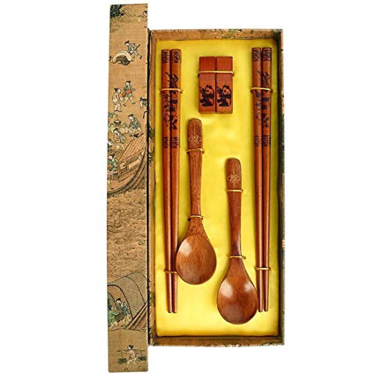 Chopsticks Chinese Reusable Wooden Chopsticks Spoon with Holder&Reusable Chopsticks Portable Cloth Bag Traditional Stylish Gift Set (Panda)