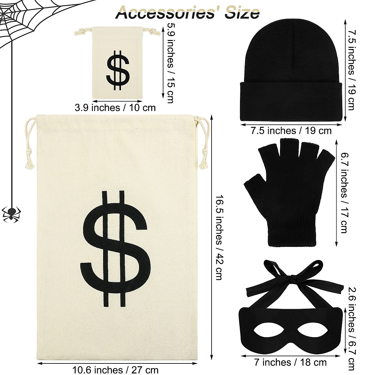 SOMSOC Adult Halloween Robber Costume Set Include Short Sleeves Stripe T-shirt Beanie Cap Dollar Sign Money Bag Eye Mask Half-finger Gloves for Halloween Cosplay Pirate Burglar Theme Party, Small