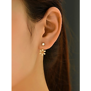 12 Pair Cubic Zirconia Moon and Star Jacket Cuff Earrings for Women, Gold Plated Front Back 2 in 1 with CZ Pearl, Flower Earring Studs