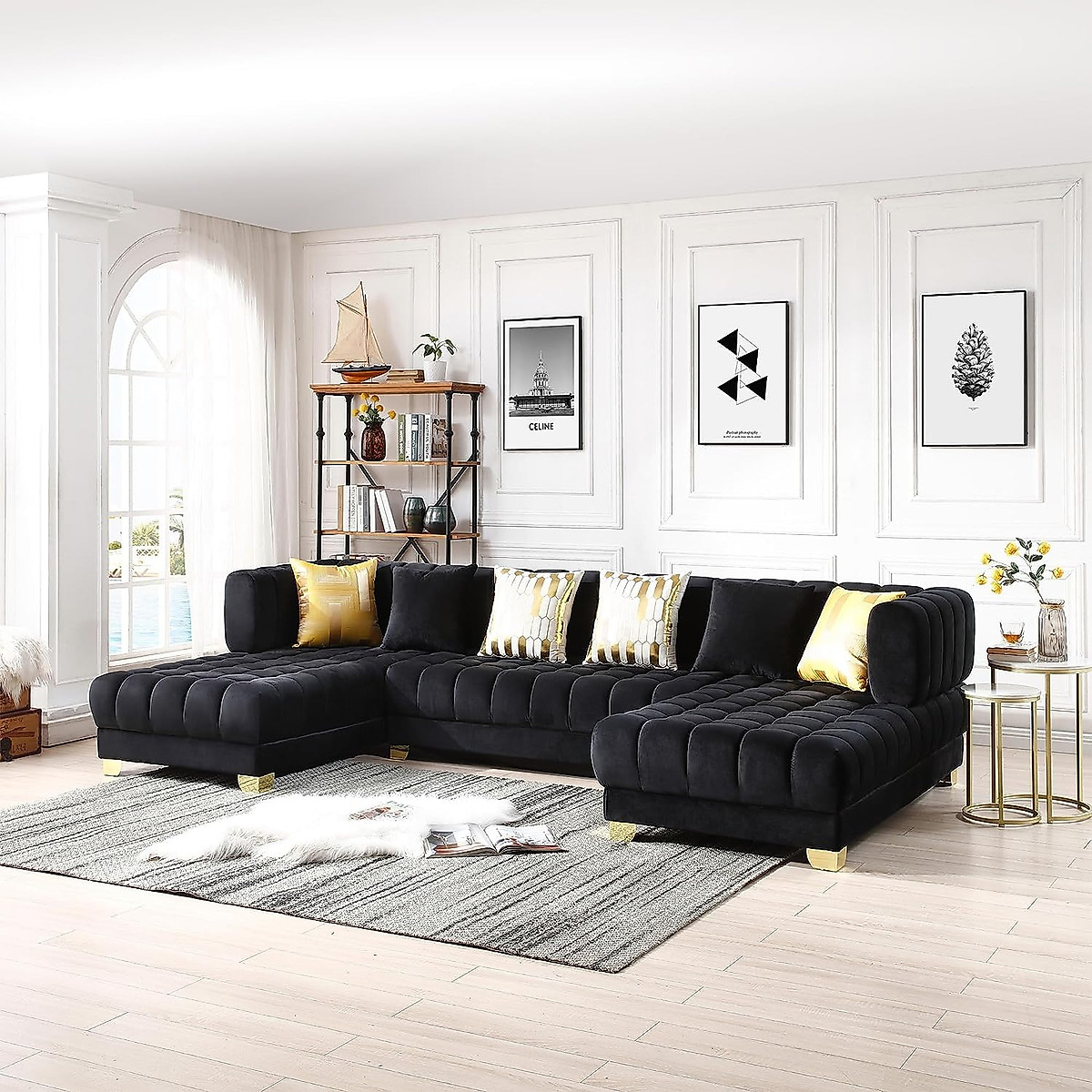 Woodpecker's Inc Marigold Velvet U-Shaped Double Chaise Sectional Sofa - with 6 Pillows & Gold Legs (Black)