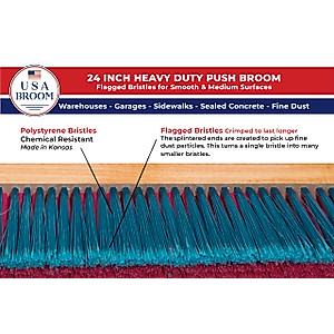 USA Broom 24" Heavy Duty Indoor/Outdoor Push Broom with 60" Handle. Ideal for Garages & Shops. Durable American Made Steel Brackets-All Stainless Steel Hardware. No Plastic. 100% Made in The USA.