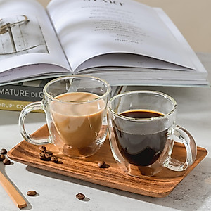 Wlasss Espresso Cups Set of 4, 6oz /170ml Double Walled Glass Coffee Mugs, Clear Hand Blown Insulated Espresso Shot Glass Cups with Handle, Suit for Espresso Machine