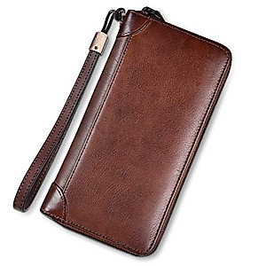 Genuine Leather Wallet for Women Dual Use Zip Long Purse Vintage Handmade Clutch Cowhide Card Holder Organizer (Coffee)
