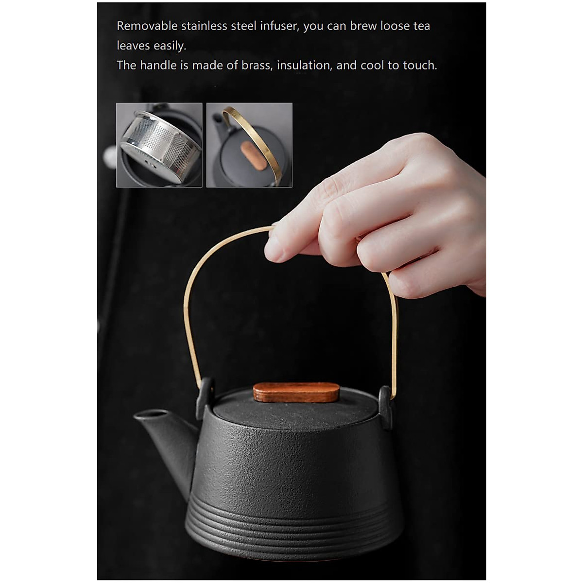 TRENDVEI Japanese Coarse Pottery Tea Set, Chinese Kungfu Loop-Handled Teapot with Infuser, 4 Cups and 1 Tea Tray