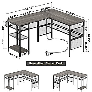 Unikito L Shaped Desk, Reversible Corner Computer Desks with Power Outlet and USB Charging Port, L- Shaped Office Desk with Storage Shelf and Under Bookshelf, Modern 2 Person Long Table, Enoch Walnut