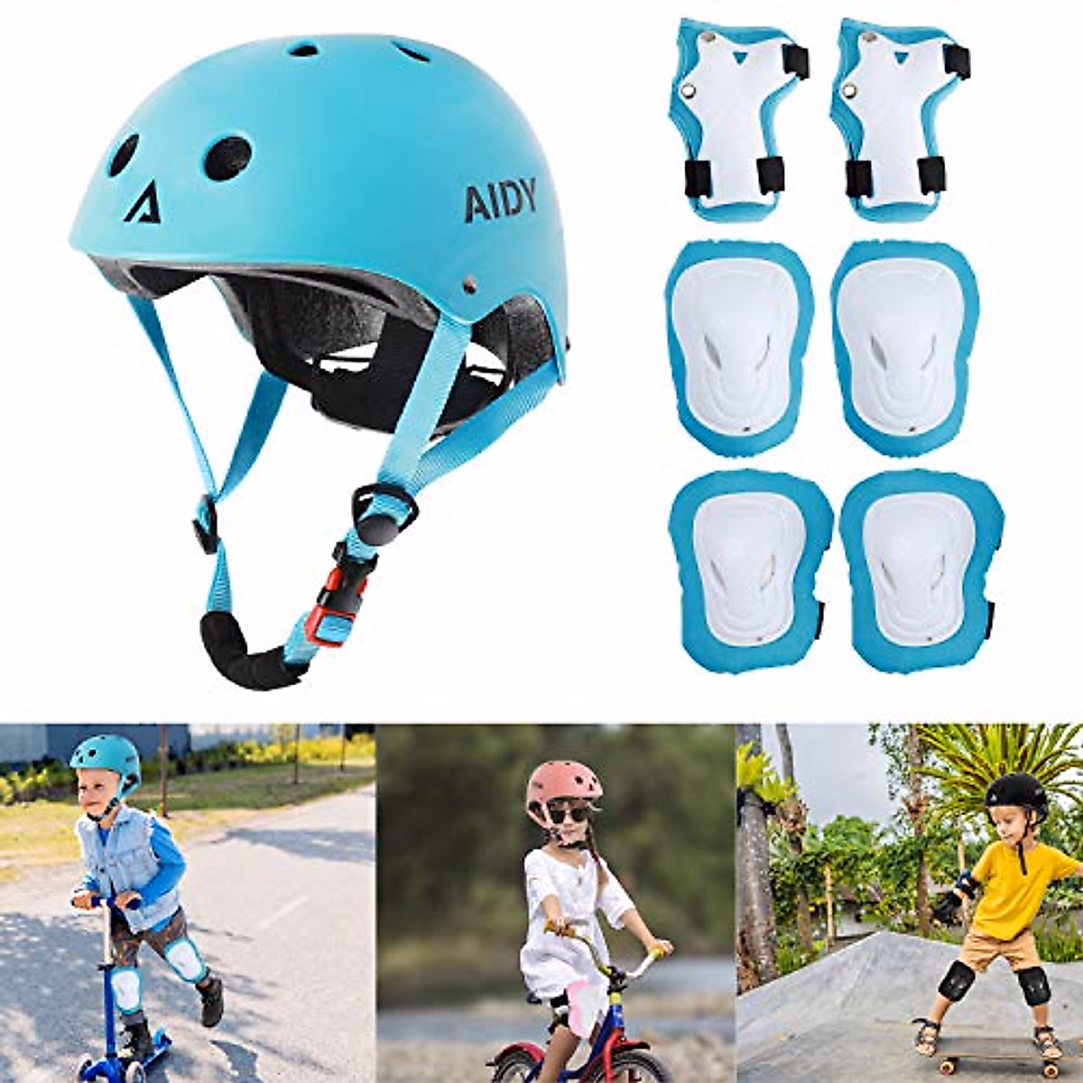 AIDY Kids Bike Helmet Toddler Helmet Adjustable for 3-8 Years Girls Boys Knee Pads Elbow Pads Wrist Guards Kids Protective Gear Set for Skateboard, Bike, Roller Skating, Cycling, Scooter, Rollerblade