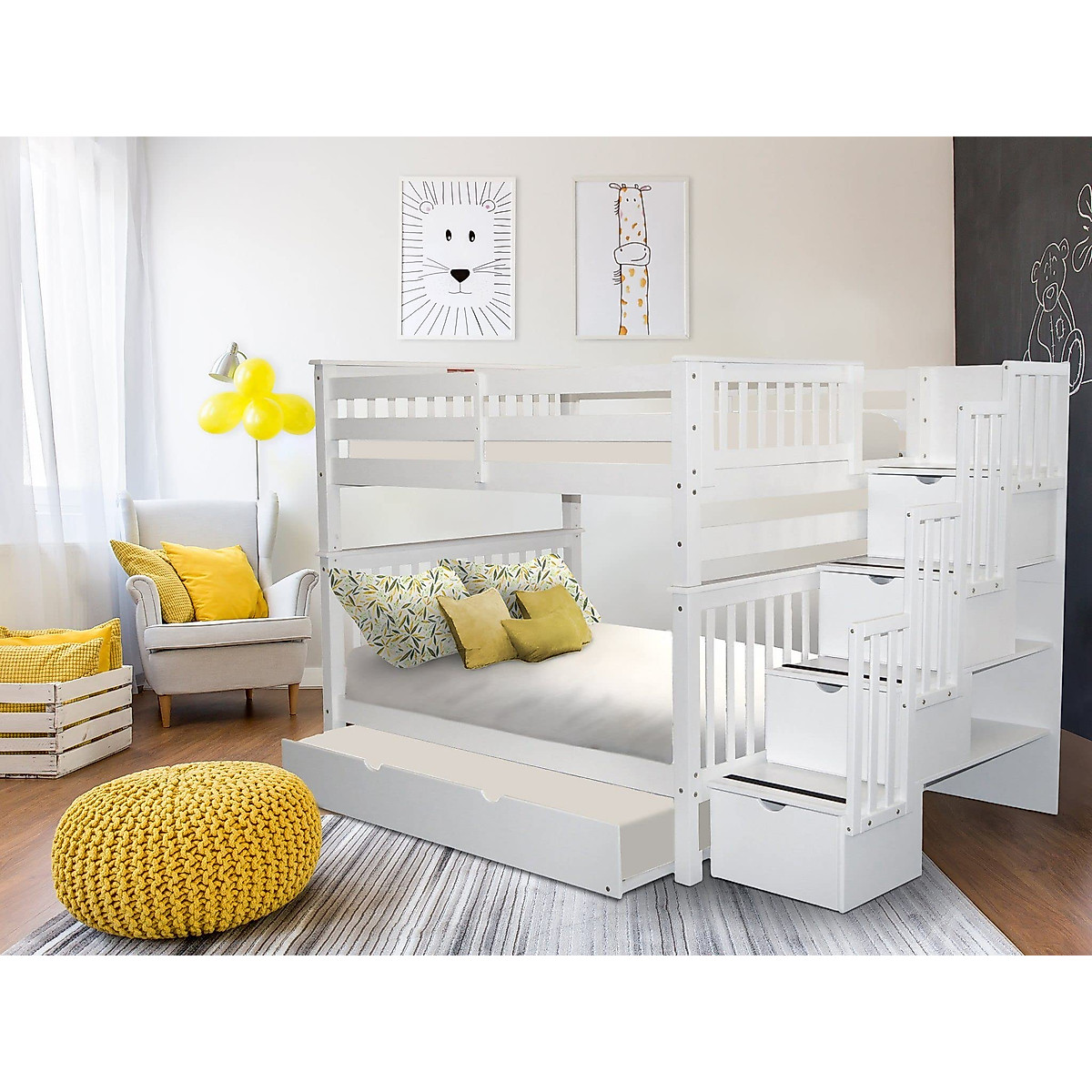 Bedz King Stairway Bunk Beds Full over Full with 4 Drawers in the Steps and a Twin Trundle, White