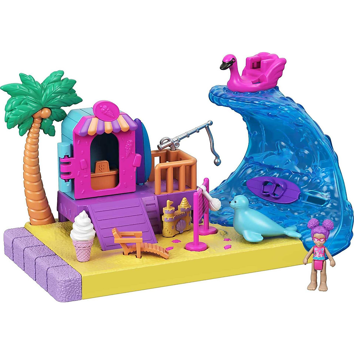 Polly Pocket Pollyville Playset, Sunshine Beach with Micro Doll, Seal Figure, Flamingo Toy Boat & Accessories