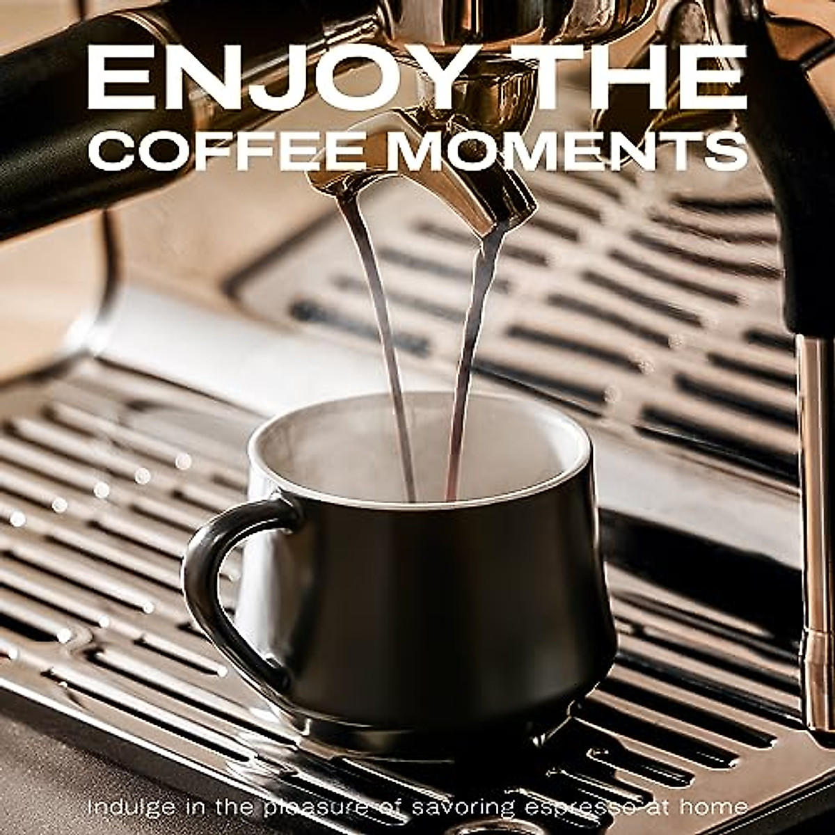 Lareina Espresso Cups with Saucers, Spoons and Metal Stand, Small 4 oz Ceramic Cappuccino Coffee Cups Set of 6, Cute Demitasse Cups with Handle for Nespresso Lungo, Double Espresso, Cortado(Black)