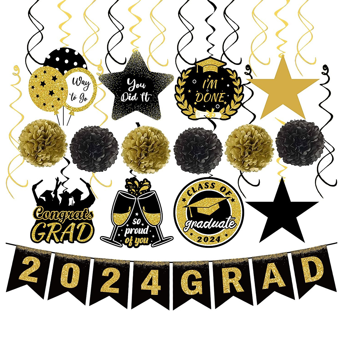 35Pcs Graduation Decorations Pre-Assembled Hanging Swirls 2024 GRAD Banner Graduation Party Decorations Class of 2024 for Classroom Home Party