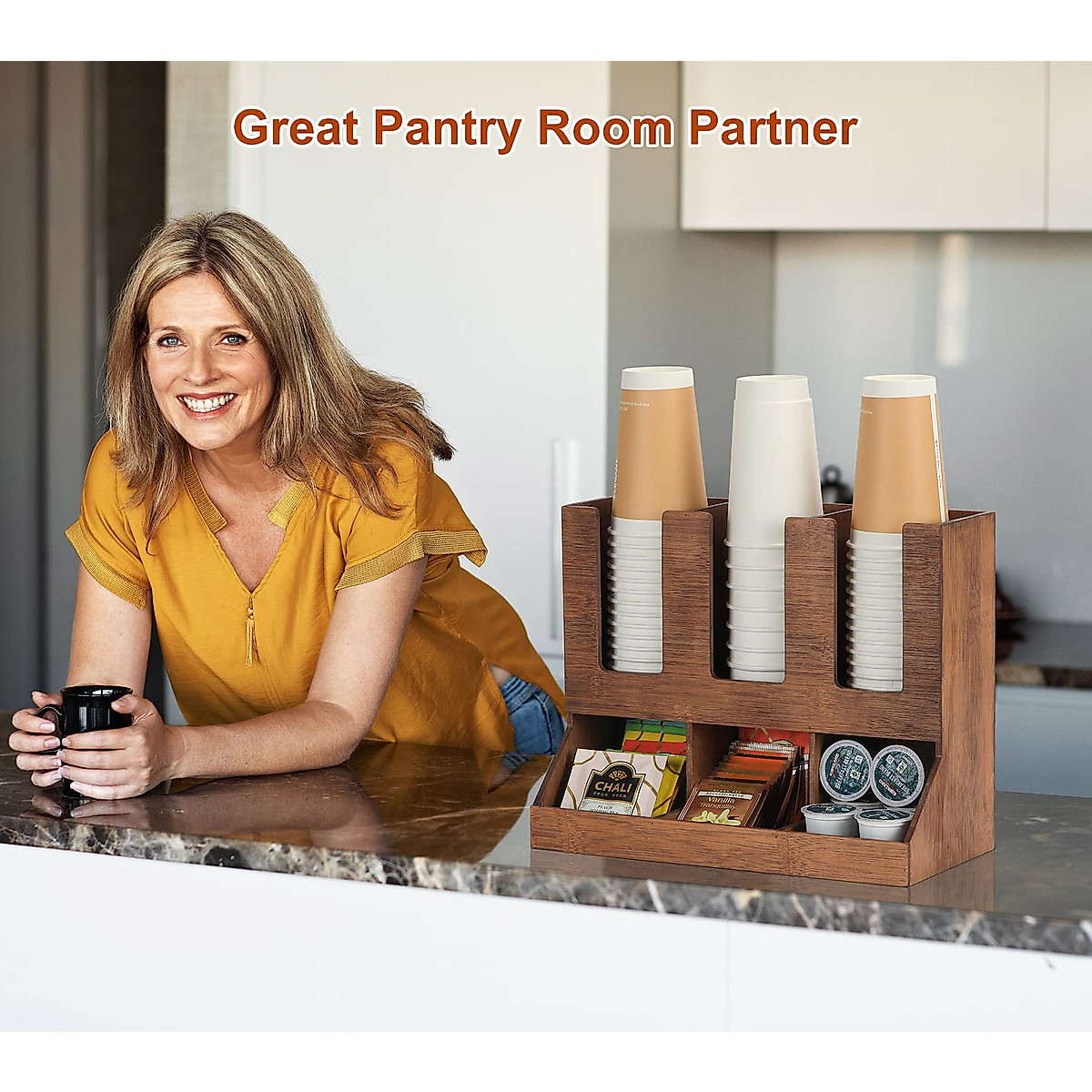 TQVAI Bamboo Coffee Station Organizer, 6 Compartments Condiment Rack Breakroom Accessories Caddy for K Pods, Snack, Tea Bags, Disposable Cups, Retro Brown