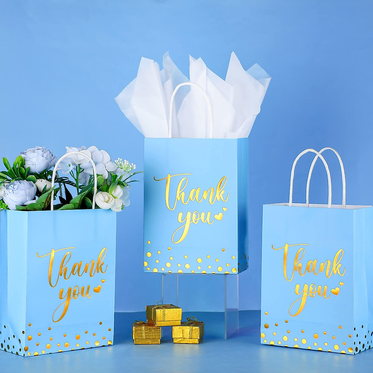Tinlade 30 Pcs Thank You Gift Bags with Tissue Paper Gold Thank You Wedding Bags with Handle for Graduation Business Shopping Wedding Baby Shower Party Favors(Light Blue)