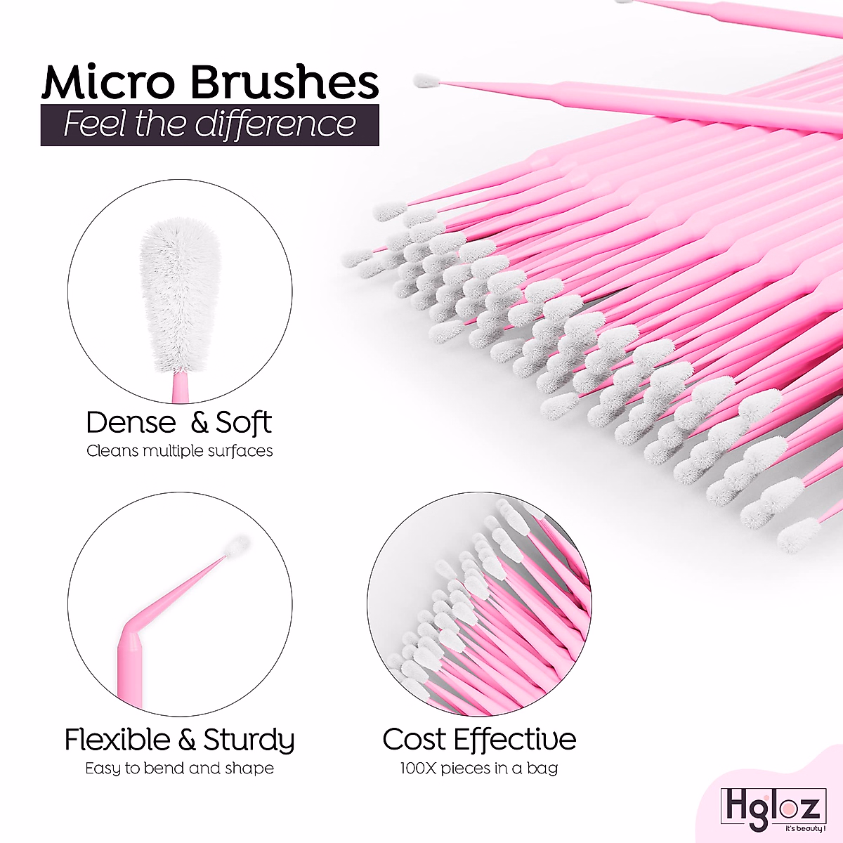 HGLOZ Microswabs for Eyelash Extensions Pack of 500 in Pink – 2mm Soft Micro Applicator Brush with Microfiber Wands – Suitable for Cleaning and Applying Make-up