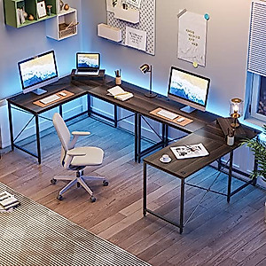 Bestier L Shaped Desk Computer Long Desk Reversible Corner Desk for Home Office Large Craft Table U Shaped 2 Person Gaming Workstation with Monitor Stand 3 Cable Holes L Desk, Brown