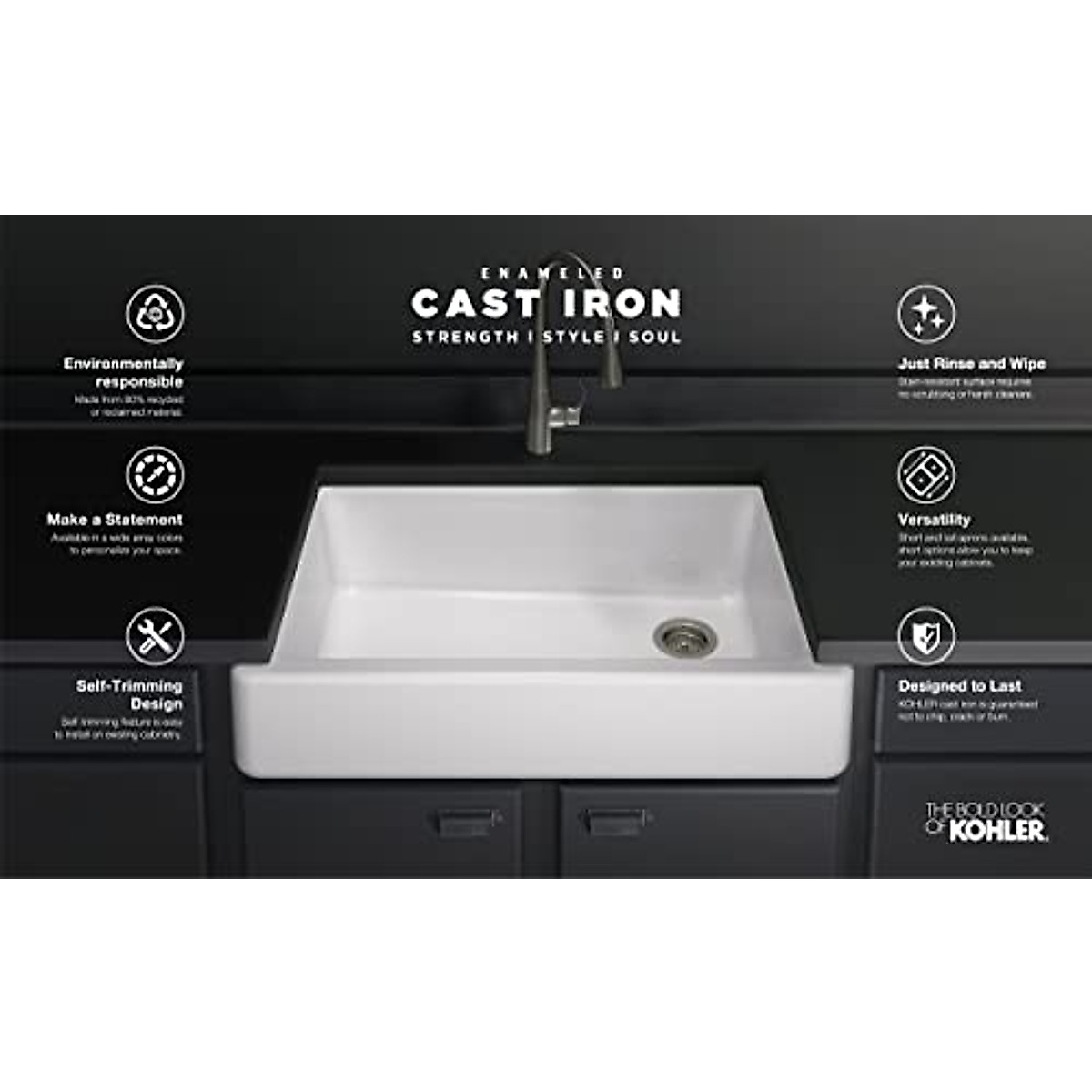 KOHLER K-6426-0 Whitehaven Farmhouse Smart Divide Self-Trimming Undermount Apron Front Double-Bowl Kitchen Sink with Short Apron, 35-1/2-Inch X 21-9/16-Inch X 9-5/8-Inch, White
