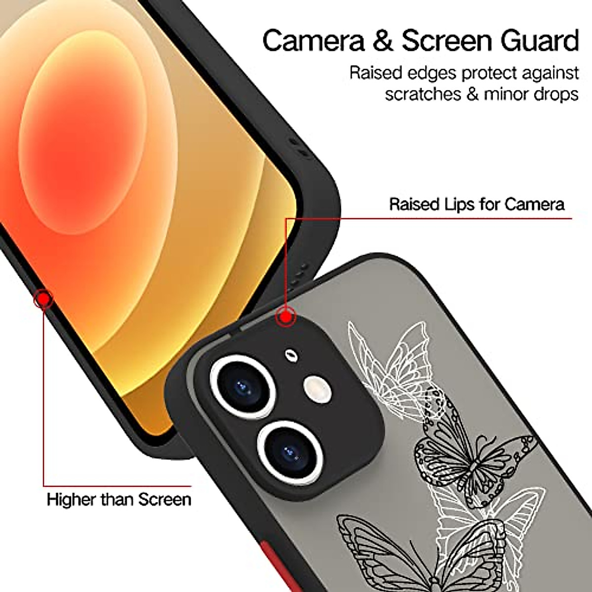 LSL Compatible iPhone 12 Black and White Butterfly Case, Translucent Matte Soft TPU Bumper Case Cute Black and White Butterfly Print Pattern Design Hard PC Back Clear Case 6.1 Inch