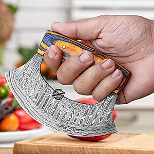 One Handed Rocker Damascus Ulu Knife With Sheath, Rocker Knife For One Handed Cutting, 5.5 Inches Rocker Damascus Ulu Knife, Heavy Duty Rocker Knife/Ulu Knife/Mezzaluna Knife (Pakka Wood)
