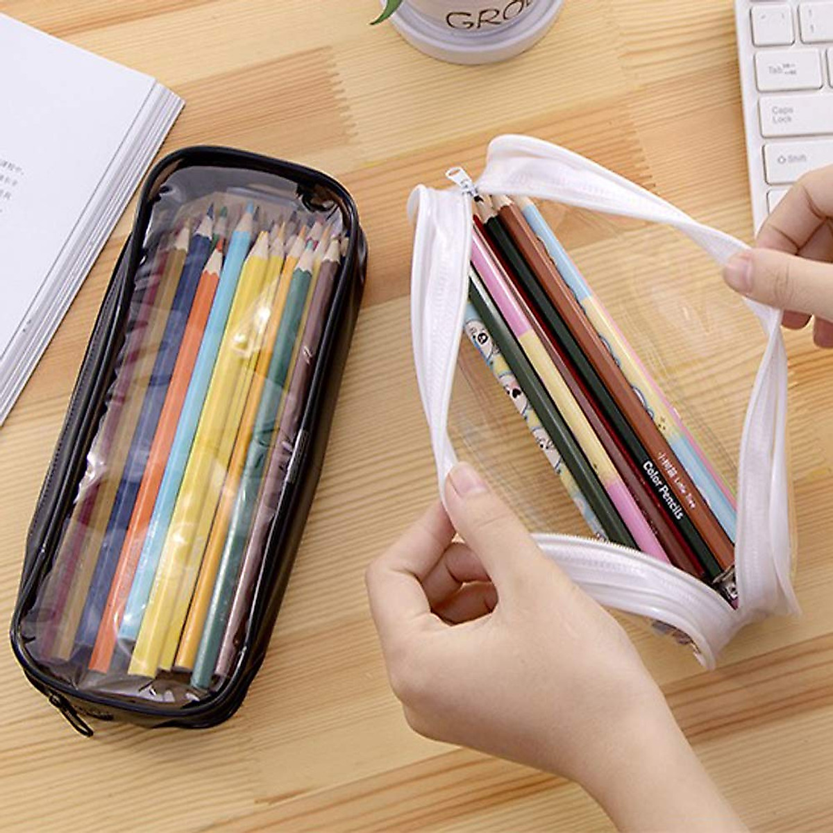 2pcs Clear PVC Zipper Pencil Bag Toiletries Exam Pen Pencil Pouch Case Travel Luggage Make up Cosmetic Bag (Black and White)