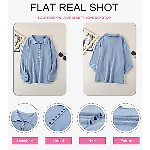 Dokotoo Business Casual Outfits for Women Stand Collar V Neck Button Up Long Sleeve Sweatshirt Solid Color Ribbed Henley Shirts Tunic Tops Knit Shirt Sky Blue Large