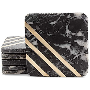 Cork & Mill Marble Coasters for Drinks - Handcrafted Modern Coasters - Square Drink Coasters - Black Marble Coasters with Gold Brass Inlay - Made from Real Solid Marble - Set of 6