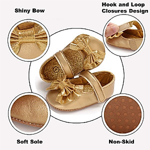 BENHERO Infant Baby Girls Mary Jane Flats Shoes with Bowknot Non Slip Soft Sole PU Leather First Walker Cirb Shoes Toddler Princess Wedding Dress Shoes(0-6 Months Infant),A-Gold