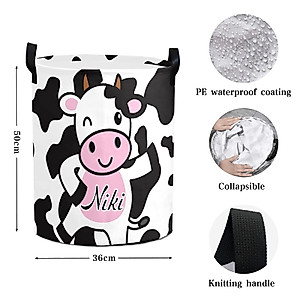 Black Lovely Cow Print Laundry Hamper Personalized with Name Canvas Waterproof Storage Bin with Handle for Kids Nursery Hamper Gift Baskets Home Organizer
