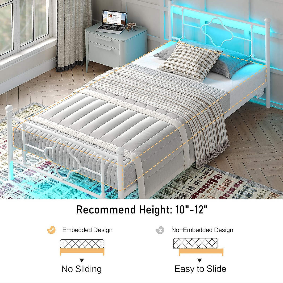 CollaredEagle Twin Size Bed Frame with Headboard and Footboard, Classic Metal Platform Bed Frame with Charging Station and LED Lights, Heavy Duty Slat Support Metal Bed Frame, No Noise, White