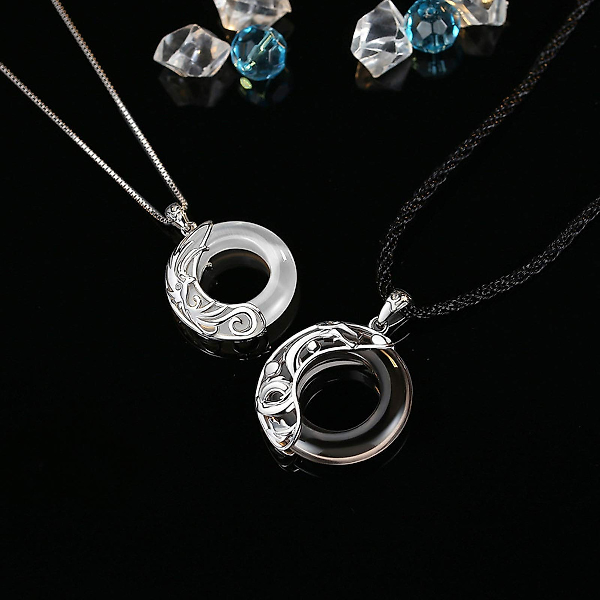 poceton Matching Necklaces for Couples, 925 Sterling Silver Obsidian Pendant, Antique Dragon and Phoenix Pendant Lovers Jewelry Valentine's Day Couple Necklace Gifts for Him and her