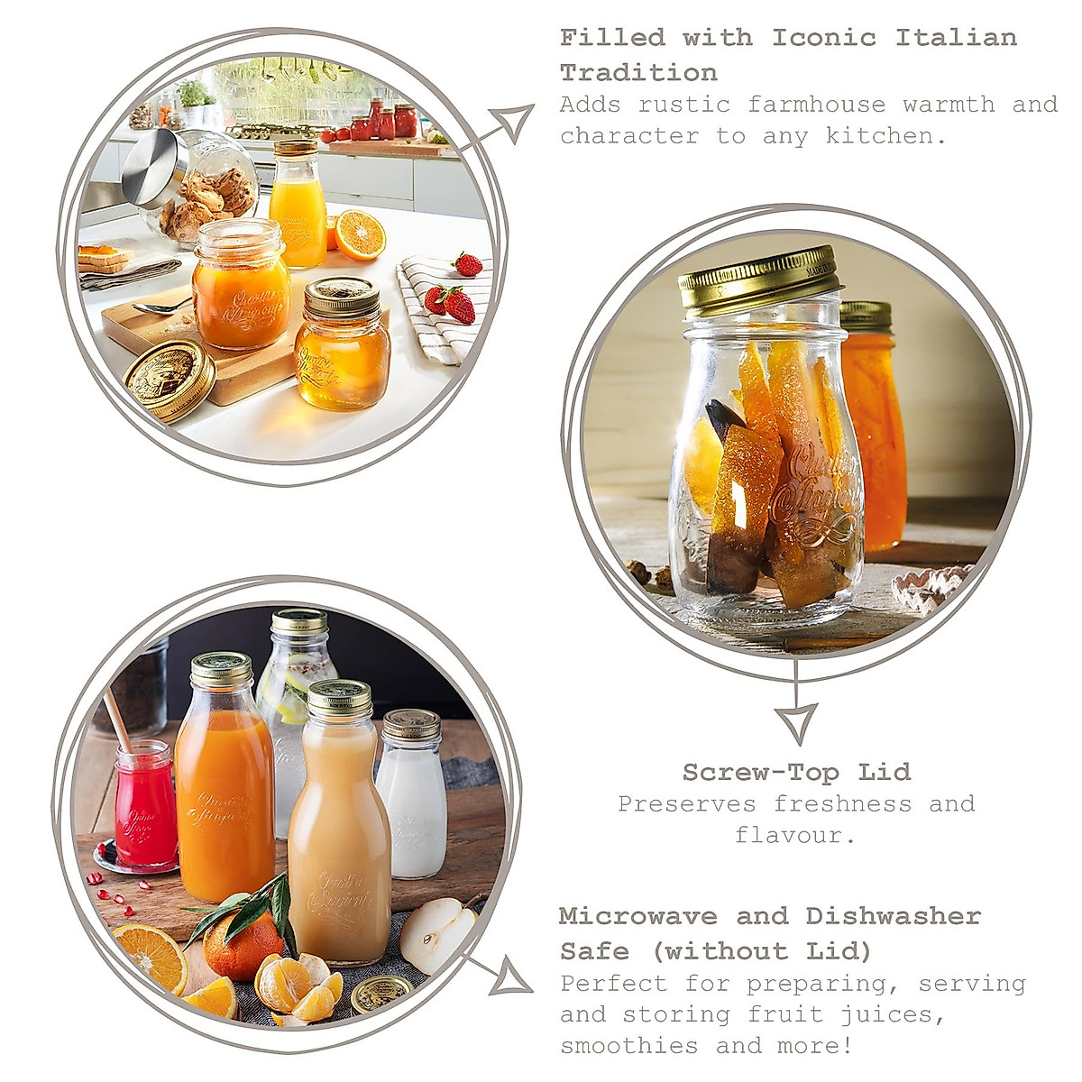 Bormioli Rocco Quattro Stagioni, Glass Canning Jar and Drinking Bottle, 13.5 Oz. with Gold Metal Airtight Lid, Made in Italy.