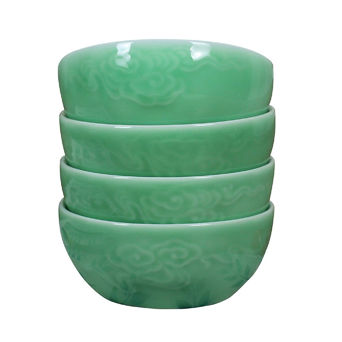 Chinese Rice Bowls 10-Ounce 4.5 inch Celadon Glazed Cereal Bowl Embossed with Auspicious Clouds Porcelain(Set of 4) (Green02)