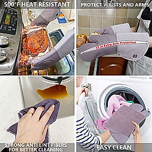 Professional microwave silicone oven mitts Yarn-dyed 1 pair and Kitchen Towels 2 pcs, kitchen lines set for heat resistant with 500 degrees, kitchen gloves pot holder for BBQ cooking baking (Purple)