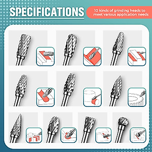 WHISTECK Carbide Rotary Burr Set - 10pcs Double Cut Tungsten Steel Die Grinder Bits, 1/8" Shank and 1/4" Head Length for Woodworking, Drilling, Metal Craving, Engraving, Polishing