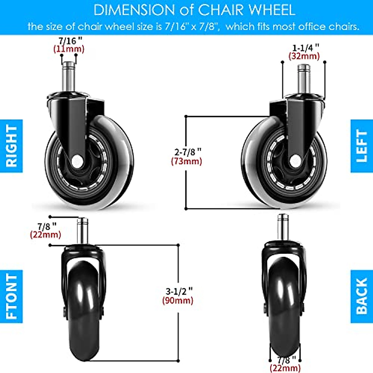 Office Chair Wheels - Replacement Rubber Wheels - Universal Fit 3 Inch Chair Casters, Heavy-Duty Chair Wheels, Noise Free, Fits 98% Chair, for All Floor (5)
