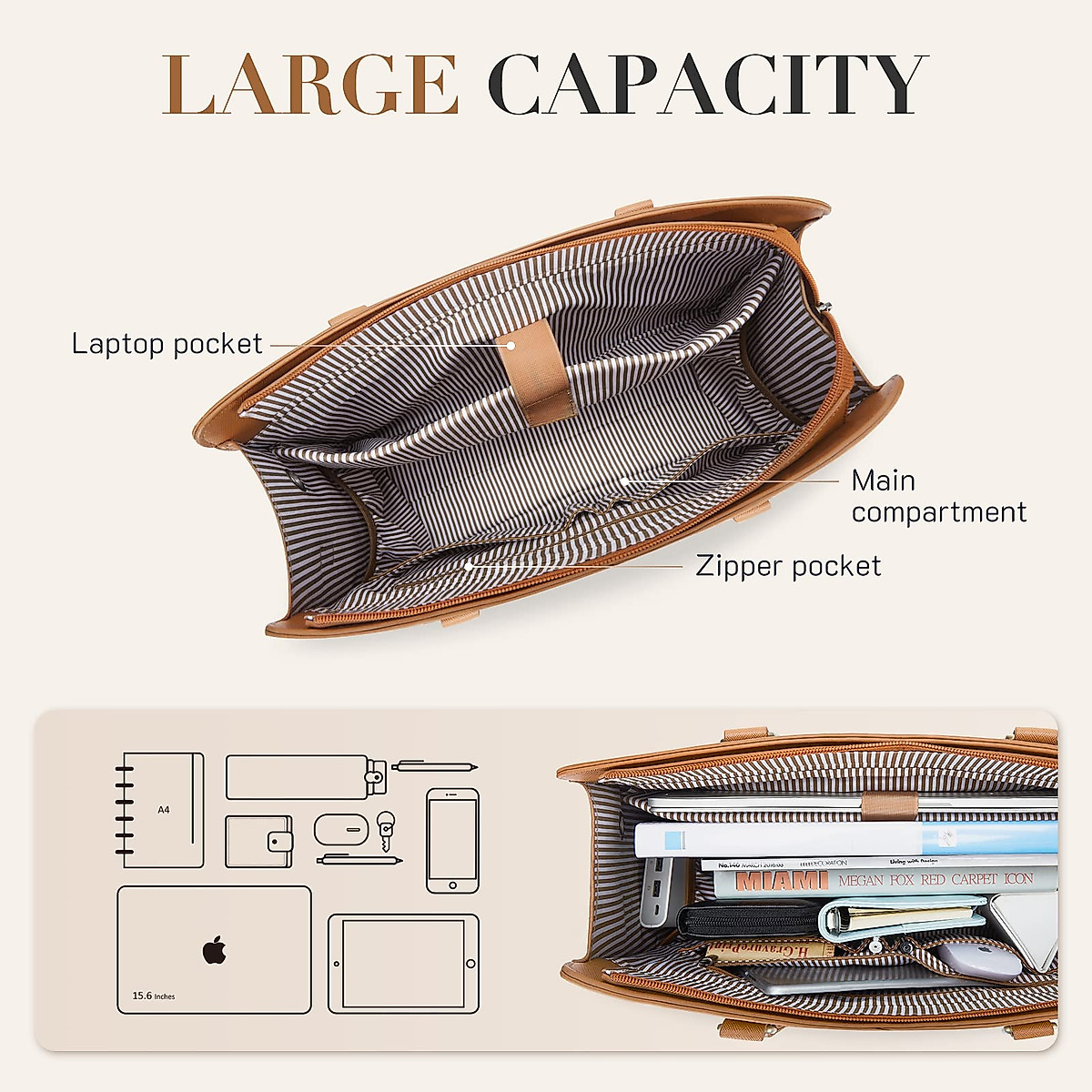 ECOSUSI Laptop Tote Bag Laptop Bag 15.6 inch Work Shoulder Briefcase Computer Messenger with Clutch Satchel Handbag 2 PCS Set (Brown)