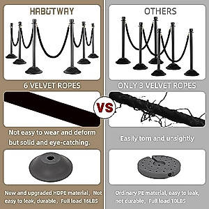 HABUTWAY 6PCS Plastic Stanchions Post, 6 Black Velvet Ropes Queue Rope Barriers, Crowd Control Stanchion, Sand/Stone Injection Hollow Base and Velvet Ropes Set for Party Supplies Easy Connect Assembly