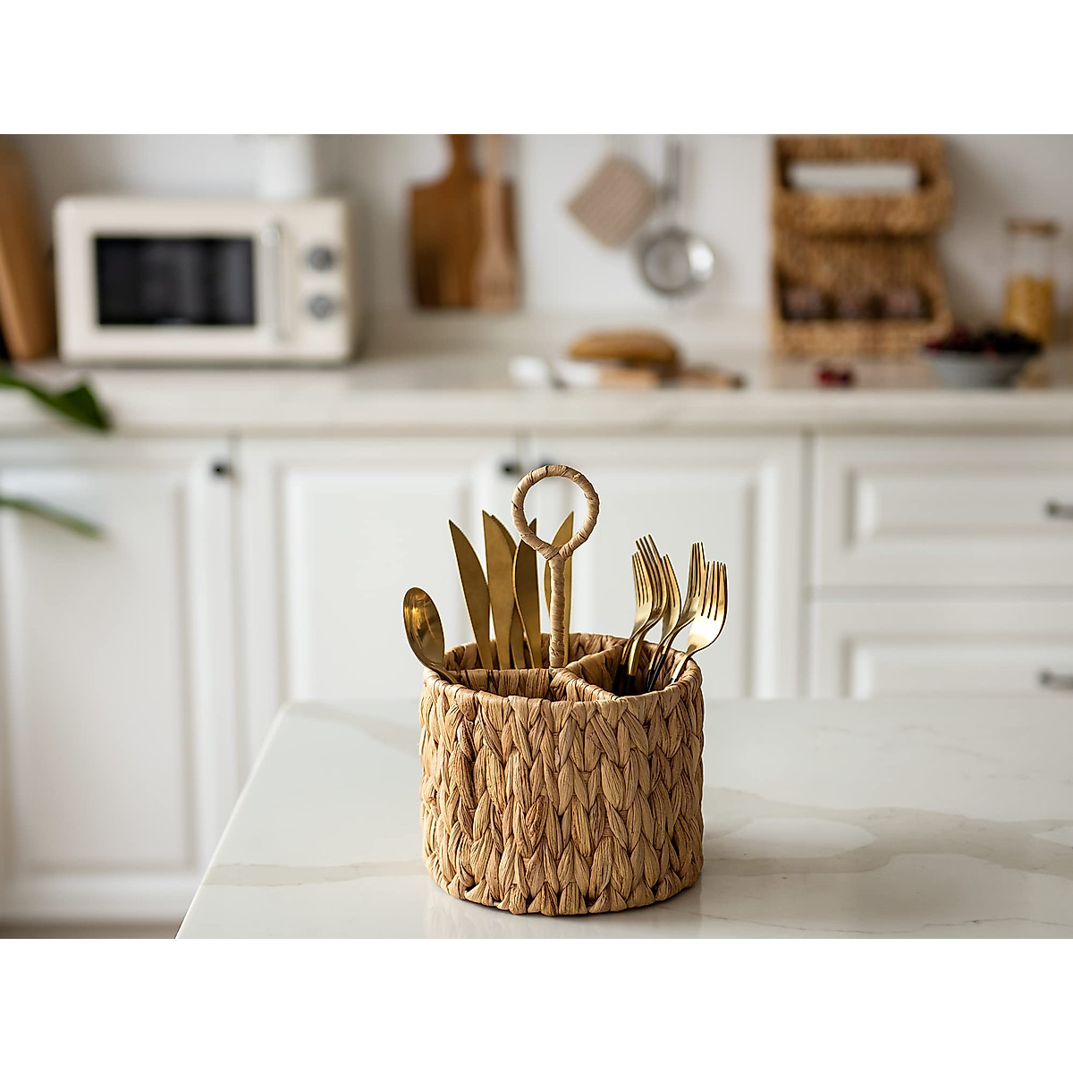 StorageWorks Wicker Flatware Organizer, Hand Woven Water Hyacinth Cutlery Holder for Countertop with Handle, 1 Pack