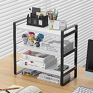 feejee 3 Tiers Desktop Shelf Organizers and Storage with Metal Frame Wood Board Racks for Office, Dorm, School Small Display Shelves Mini Bookshelf Corner Shelving (Frame Black&Tier White, 3 Tiers)