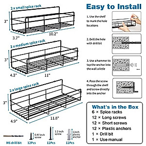 Goabroa Spice Rack Wall Mount Organizers, Large Capacity Hanging Spice Racks for Kitchen Wall Cabinet Door Pantry RV, 6 Pack Black Space-saving Seasoning Storage Rack