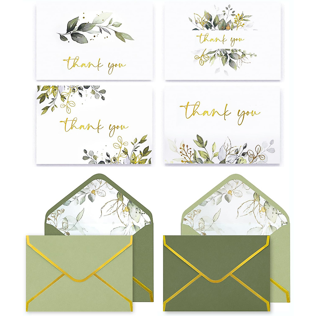 VEEYOL 100 Gold Foil Thank You Cards with Envelopes, 5x3.75 Inches Greenery Eucalyptus Thank You Notes For Wedding, Baby Shower, Graduation, Bridal, Business, Anniversary
