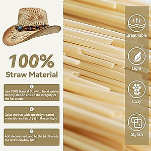 POUDAY Straw Cowboy Hat for Women Western Cowboy Hat with Wide Brim Breathable Cowgirl Hat for Summer Beach Beige