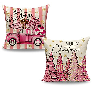 CARRIE HOME Pink Christmas Decor Pink Christmas Truck Tree Pillow Covers 18x18 Set of 2 Merry Christmas Outdoor Throw Pillows 18 x 18 for Porch and Couch (No Pillow Inserts)