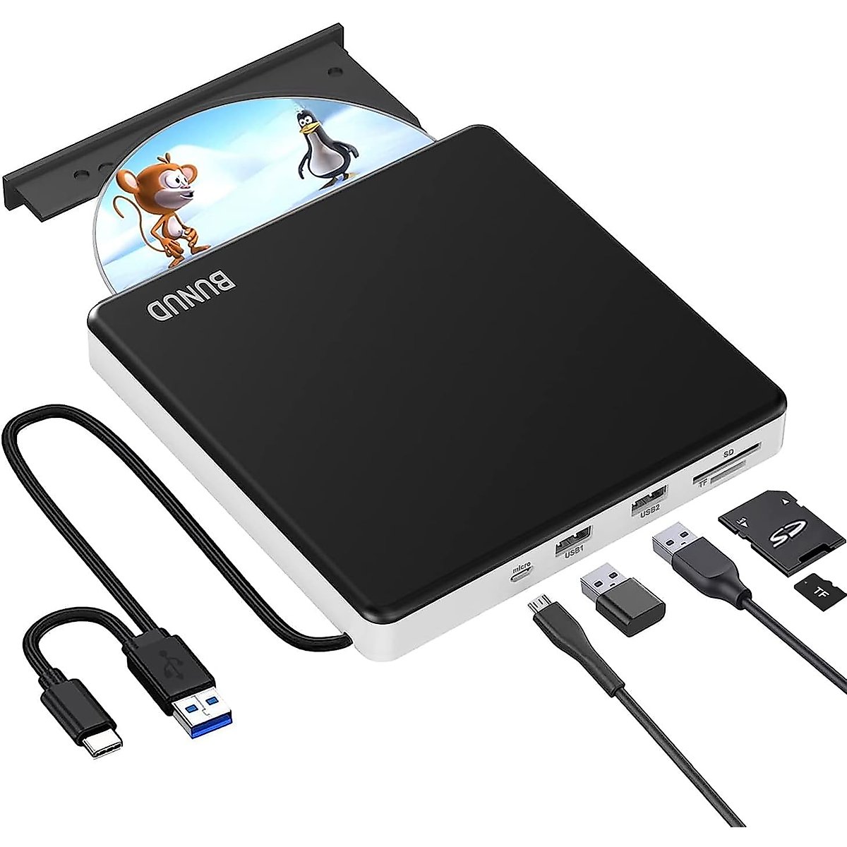 External CD DVD Drive, USB 3.0 DVD Drive External CD Burner for Laptoop with 2 USB and TF/SD Slots, Portable CD/DVD Reader Writer DVD Player for MacBook Mac PC Windows 11 Linux OS