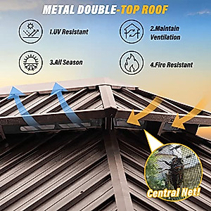 LAUSAINT HOME 10'x12' Permanent Outdoor Gazebo, Heavy Duty Metal Hardtop Double Roof Gazebos with Aluminum Frame & Enclosed Khaki Curtains and Mosquito Nettings for Lawn and Garden