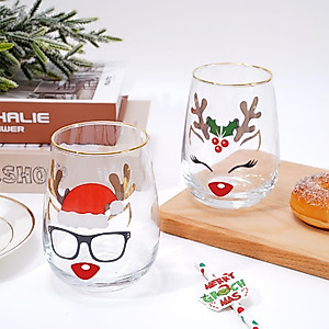 Whaline 17oz Christmas Novelty Stemless Wine Glasses with Gold Rimmed 2Pcs Reindeer Drinking Glasses for Christmas Party Event Supplies Kitchen Decor Gift