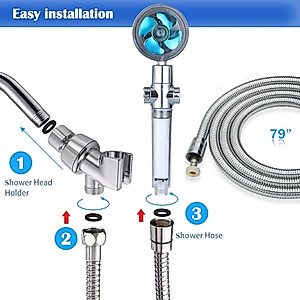 CWPW High Pressure Shower Heads, Handheld Turbo Fan Shower, Hydro Jet Shower Head with 79 Inch Hose,Bracket,Cotton Filters and Bath Loofah, One Key Pause Switch 360 Degrees Rotating (Blue with hose)