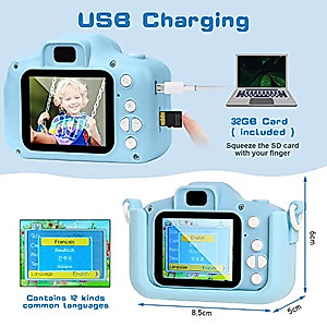 Ainiv Kids Selfie Camera with Unicorn Silicone Cover, Digital Camera with Photo Stickers and Puzzle Games, Boys and Girls Gifts, with 32GB SD Card, IPS Screen 1080P Video Camcorder - Blue